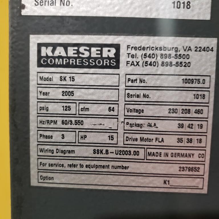 15 HP, KAESER ROTARY SCREW AIR COMPRESSOR, MFG 2005, MODEL#SK 15, USED ...